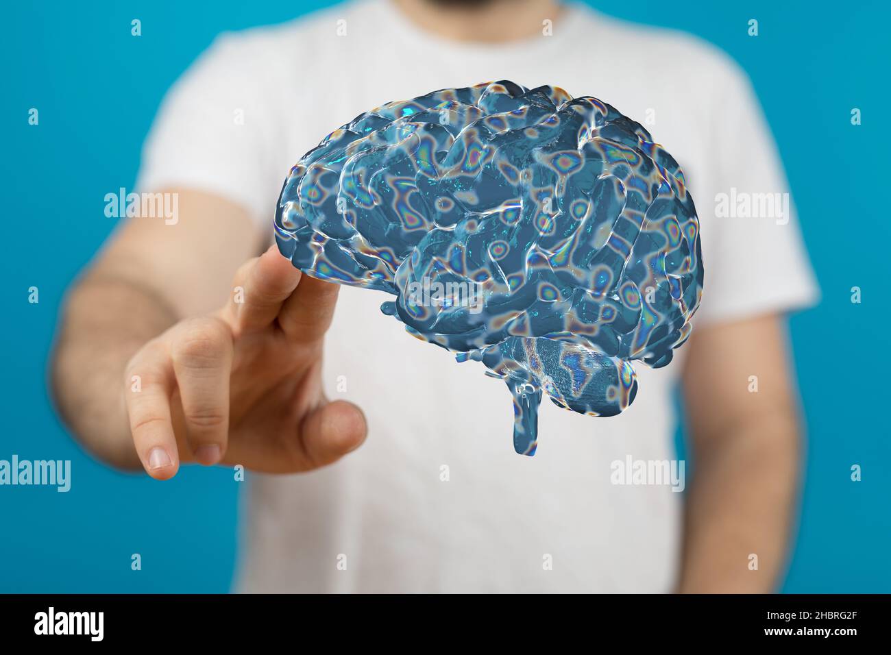 Male fingers touching a 3D rendered human brain - innovation ...