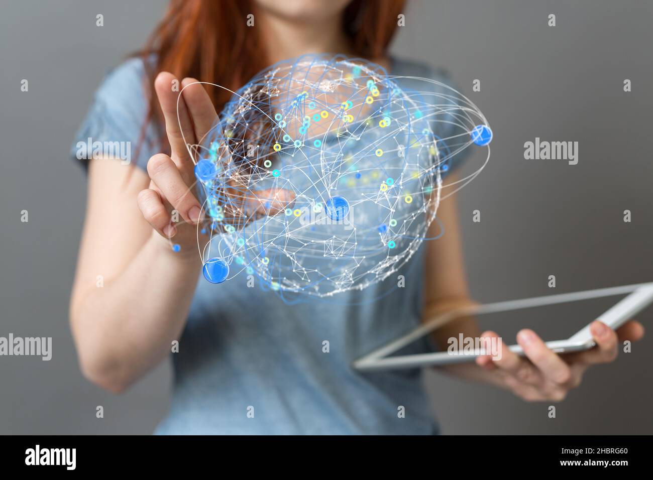 A woman touching 3D rendered digital globe or data ball - worldwide ...