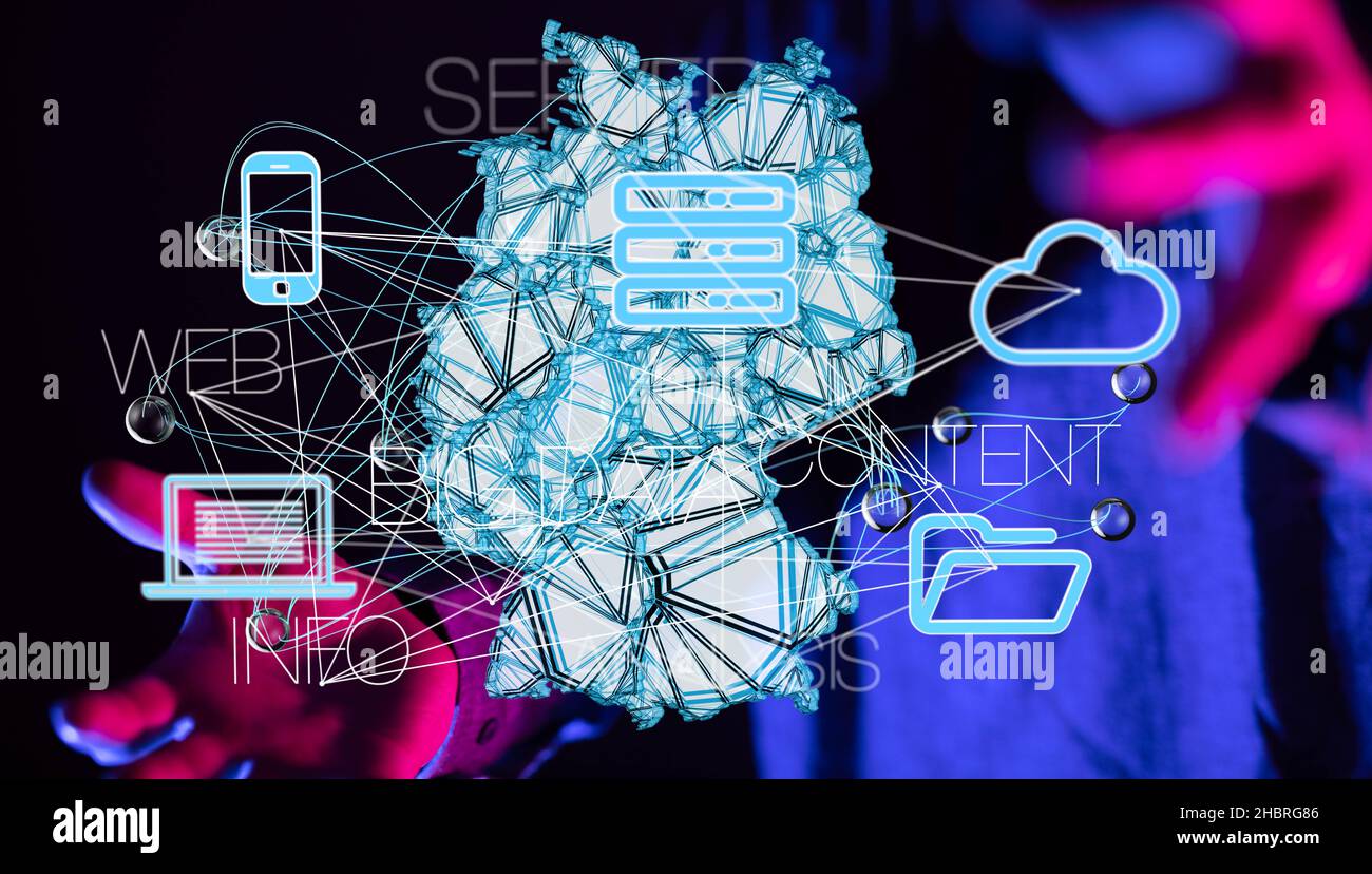 A man's hand displaying a 3D rendered map of Germany with neural ...