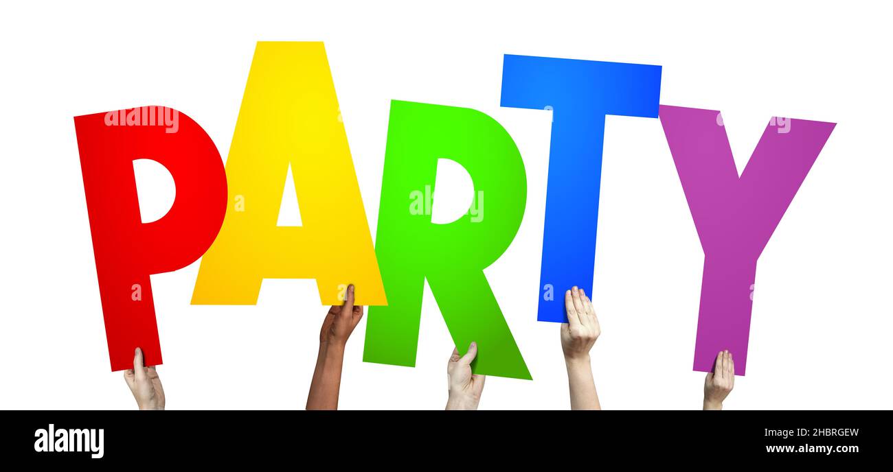 Party - human hands holding colorful letters Stock Photo - Alamy