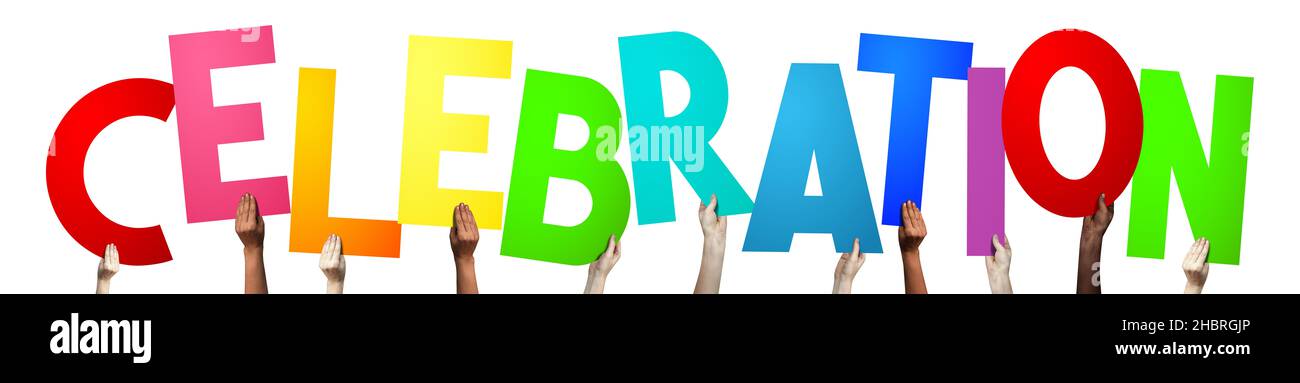 Celebration - human hands holding colorful letters Stock Photo - Alamy