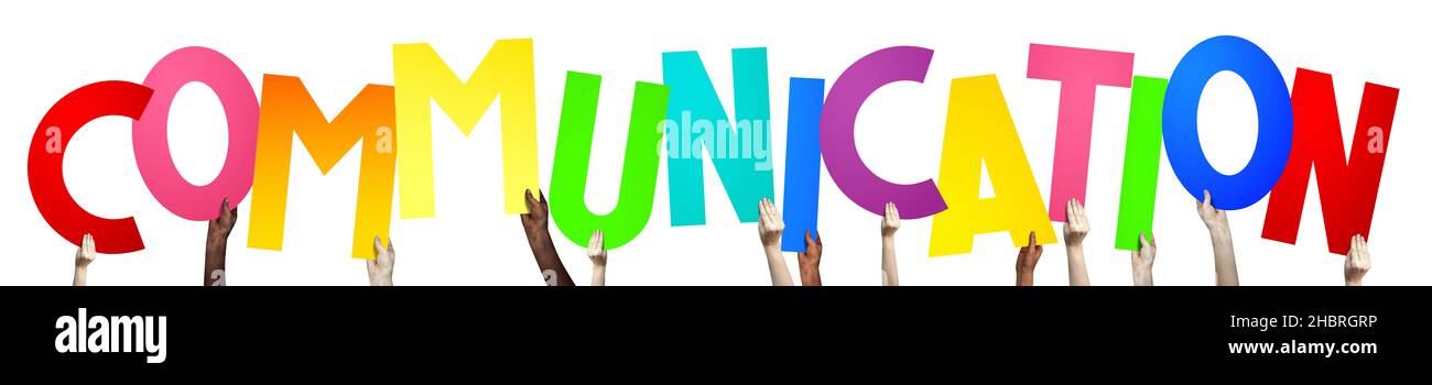 Communication - human hands holding colorful letters Stock Photo - Alamy
