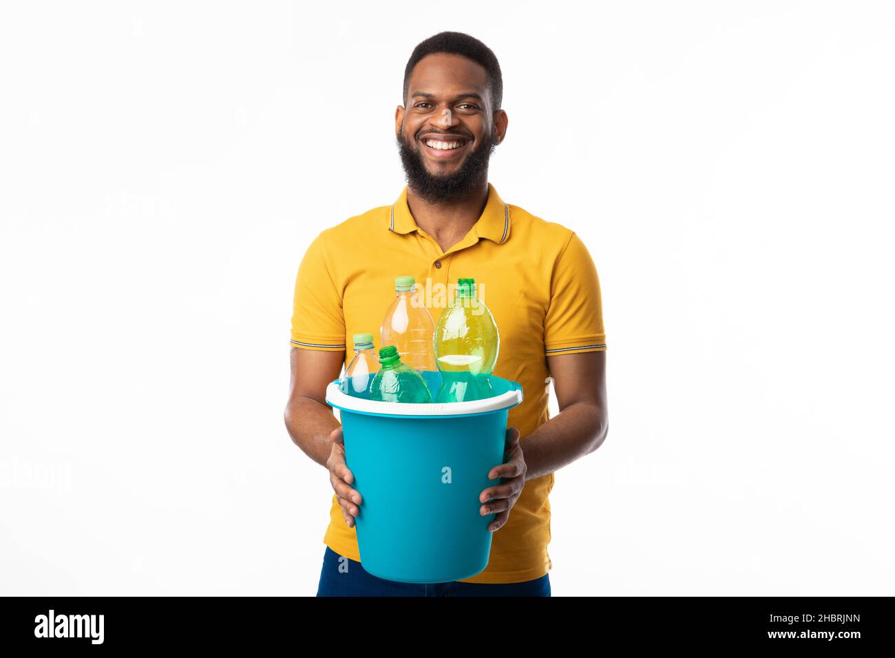 Black Male Holding Bucket With Plastic Bottles Over White Background ...