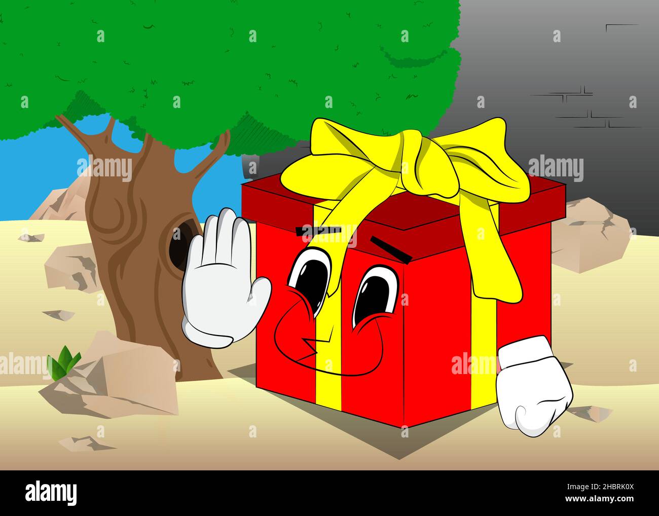 Gift Box with showing deny or refuse hand gesture as a cartoon ...