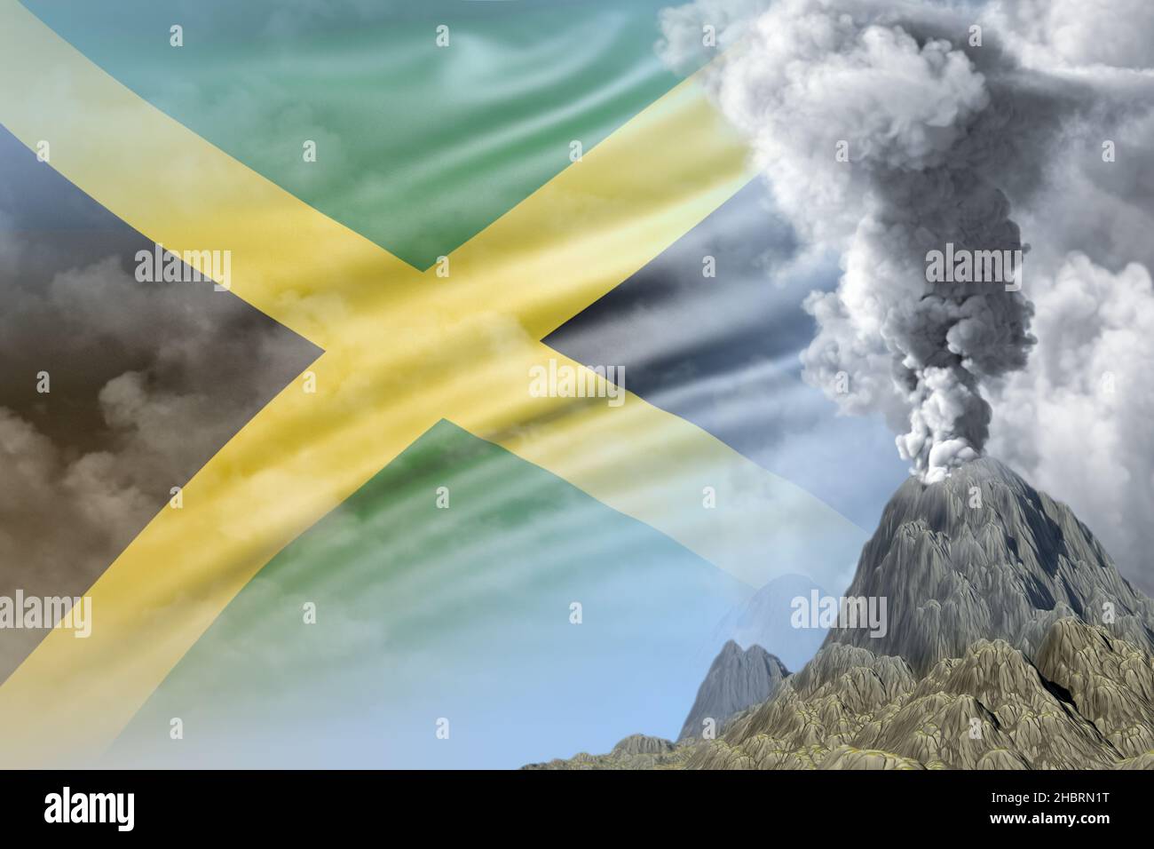 big volcano blast eruption at day time with white smoke on Jamaica flag ...