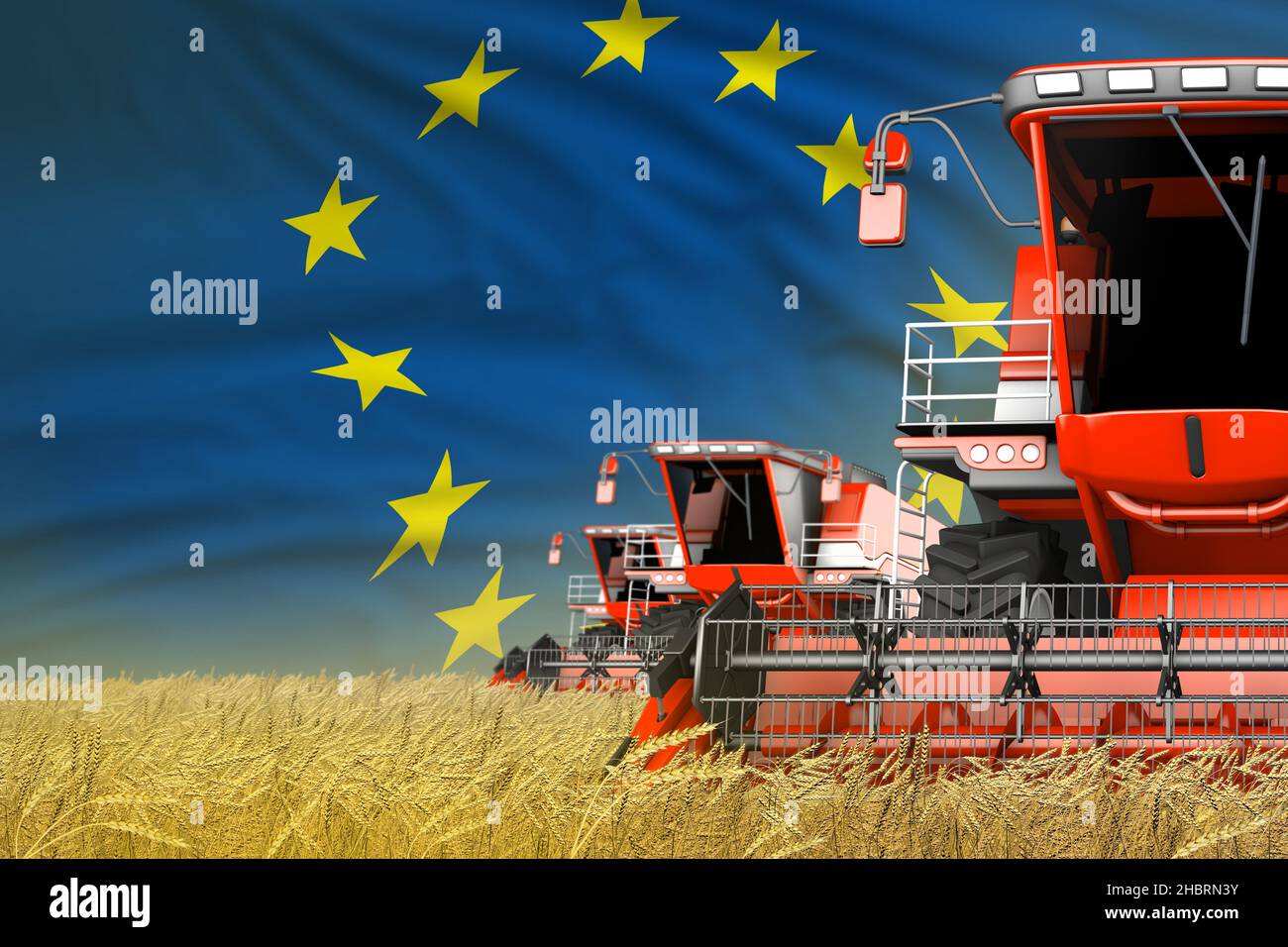 industrial 3D illustration of 3 red modern combine harvesters with ...