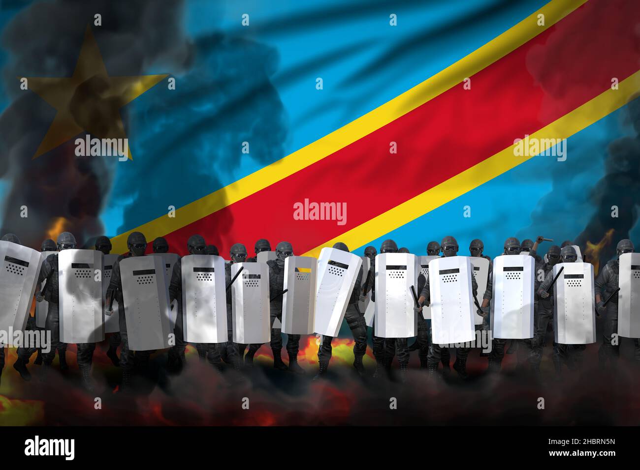 Democratic Republic of Congo police officers in heavy smoke and fire ...