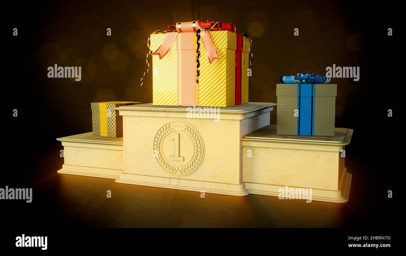 winners award podium with surprise gift boxes on lighting backdrop ...