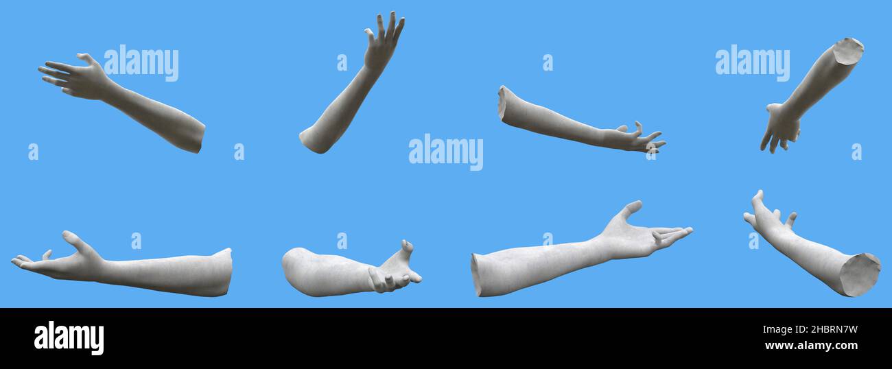 Set of grey stone statue hand realistic renders isolated on blue ...