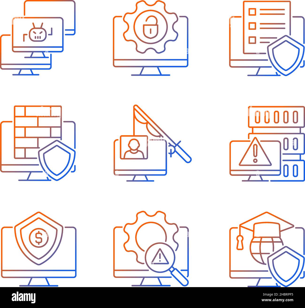 Cybercrime and its prevention gradient linear vector icons set Stock ...