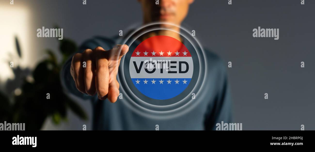 Businessman pointing VOTE button on virtual screen, election campaign ...