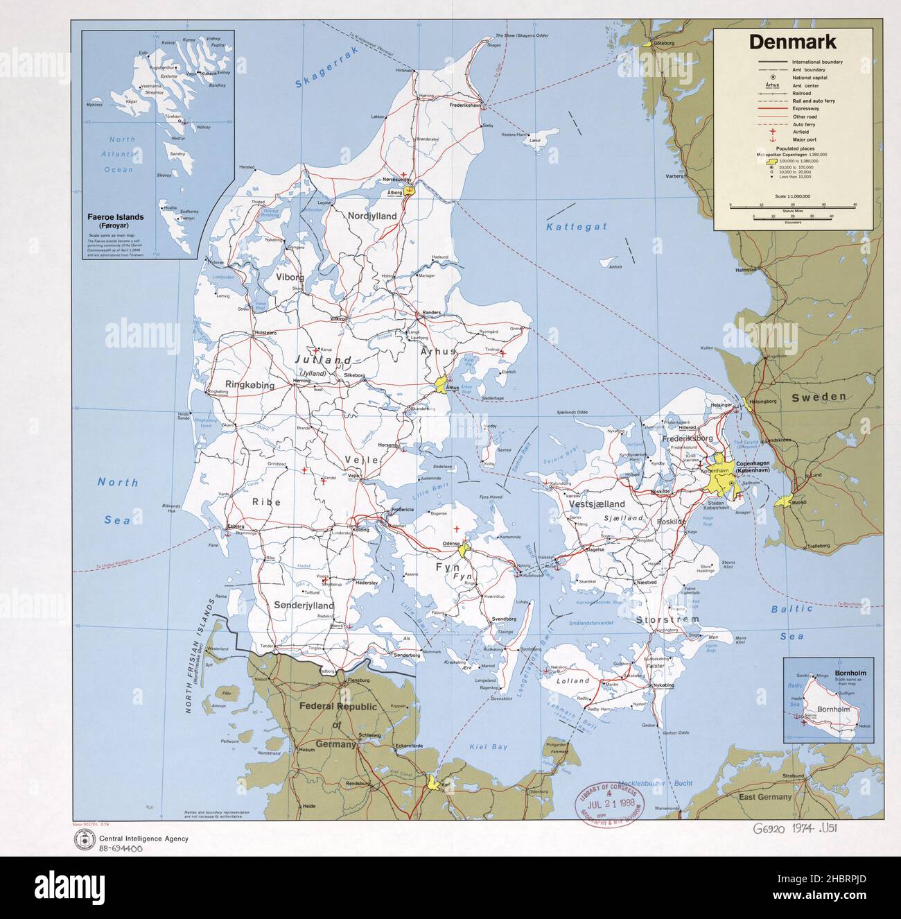 Map of Denmark ca. 1974 Stock Photo - Alamy