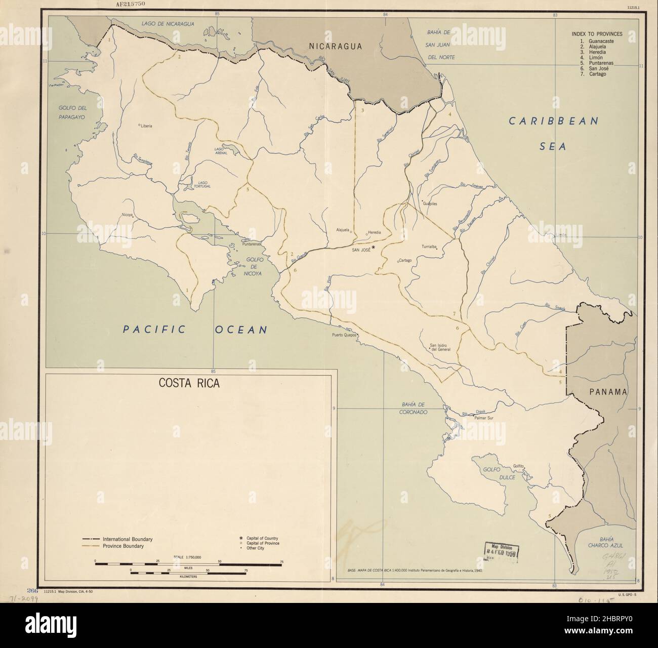Map of Costa Rica ca. 1950 Stock Photo - Alamy