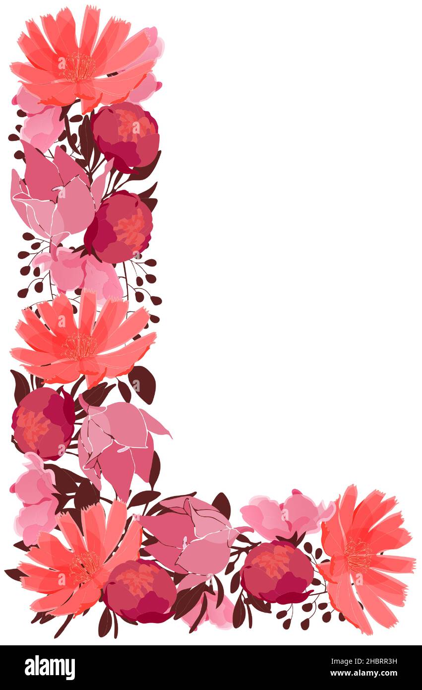 Vector floral letter, capital character L. Botanical monogram. Pink ...