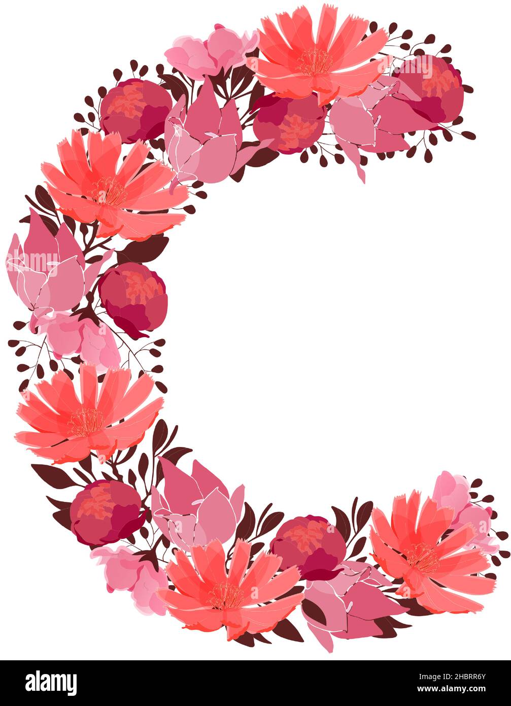 Vector floral capital letter, character C. Botanical monogram. Pink ...