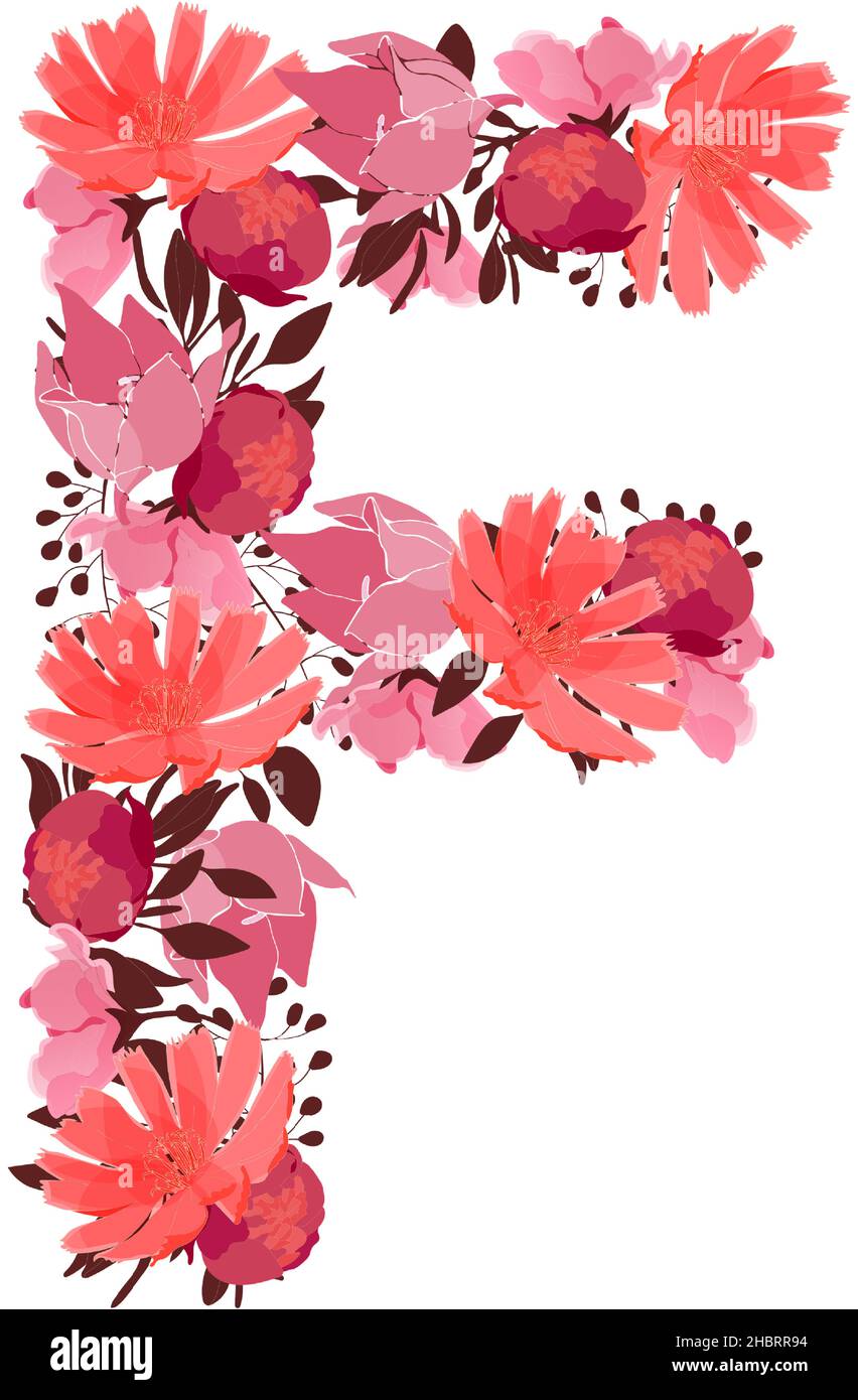 Vector floral capital letter, character F. Botanical monogram. Pink ...