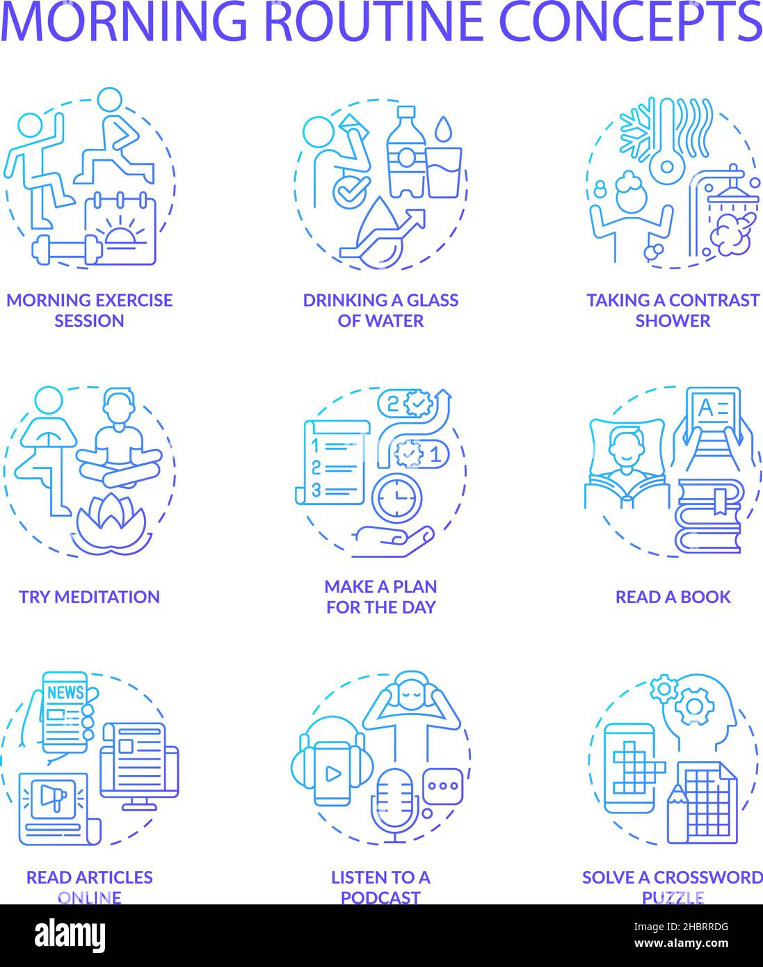 Morning routine blue gradient concept icons set Stock Vector Image ...