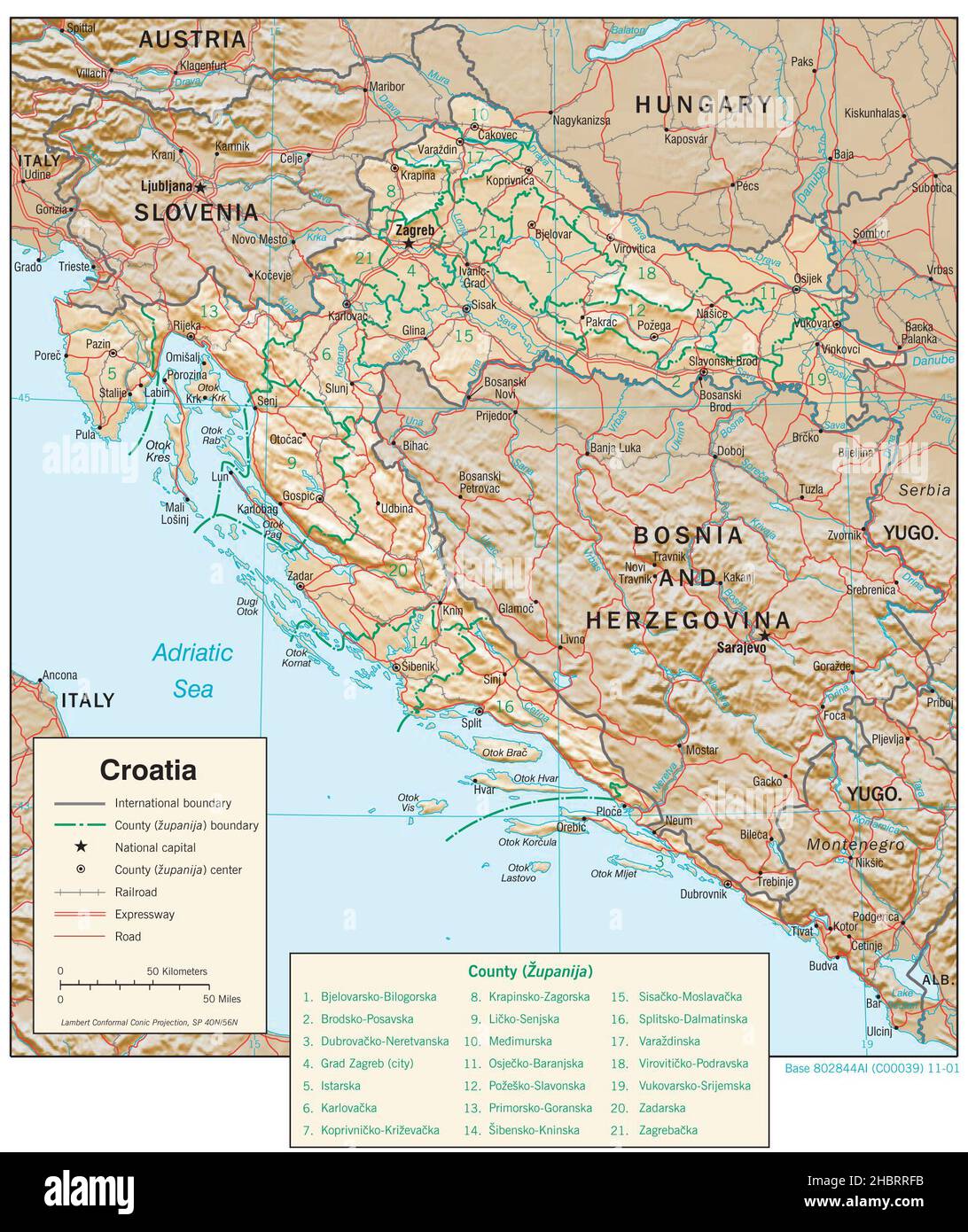 Topographic map of Croatia (shaded relief), 2001 Stock Photo - Alamy