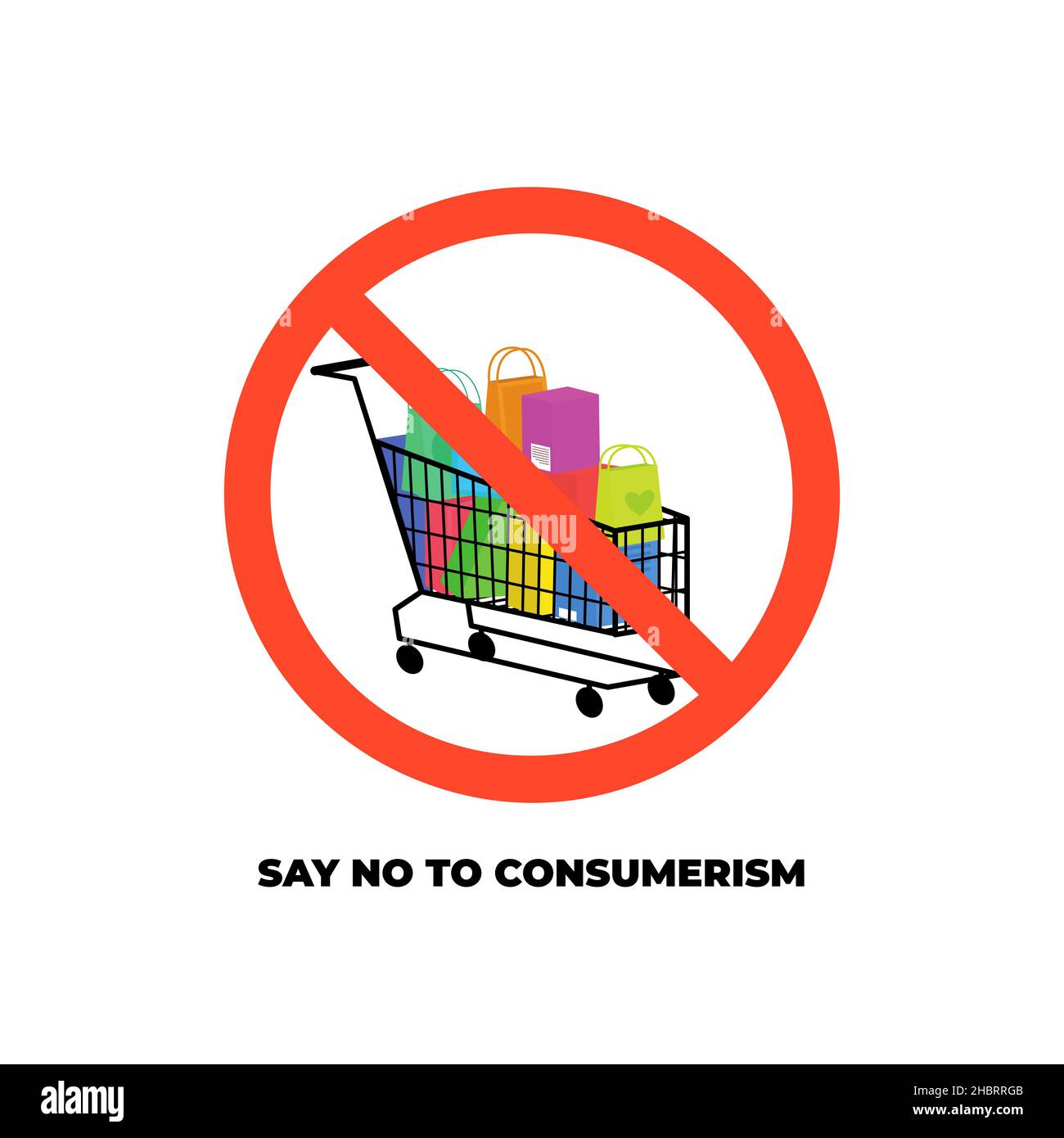 Prohibition sign with stroller and groceries illustration, text say no ...