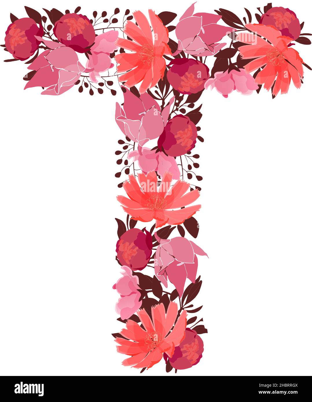 Vector floral letter, capital character T. Botanical monogram. Pink ...