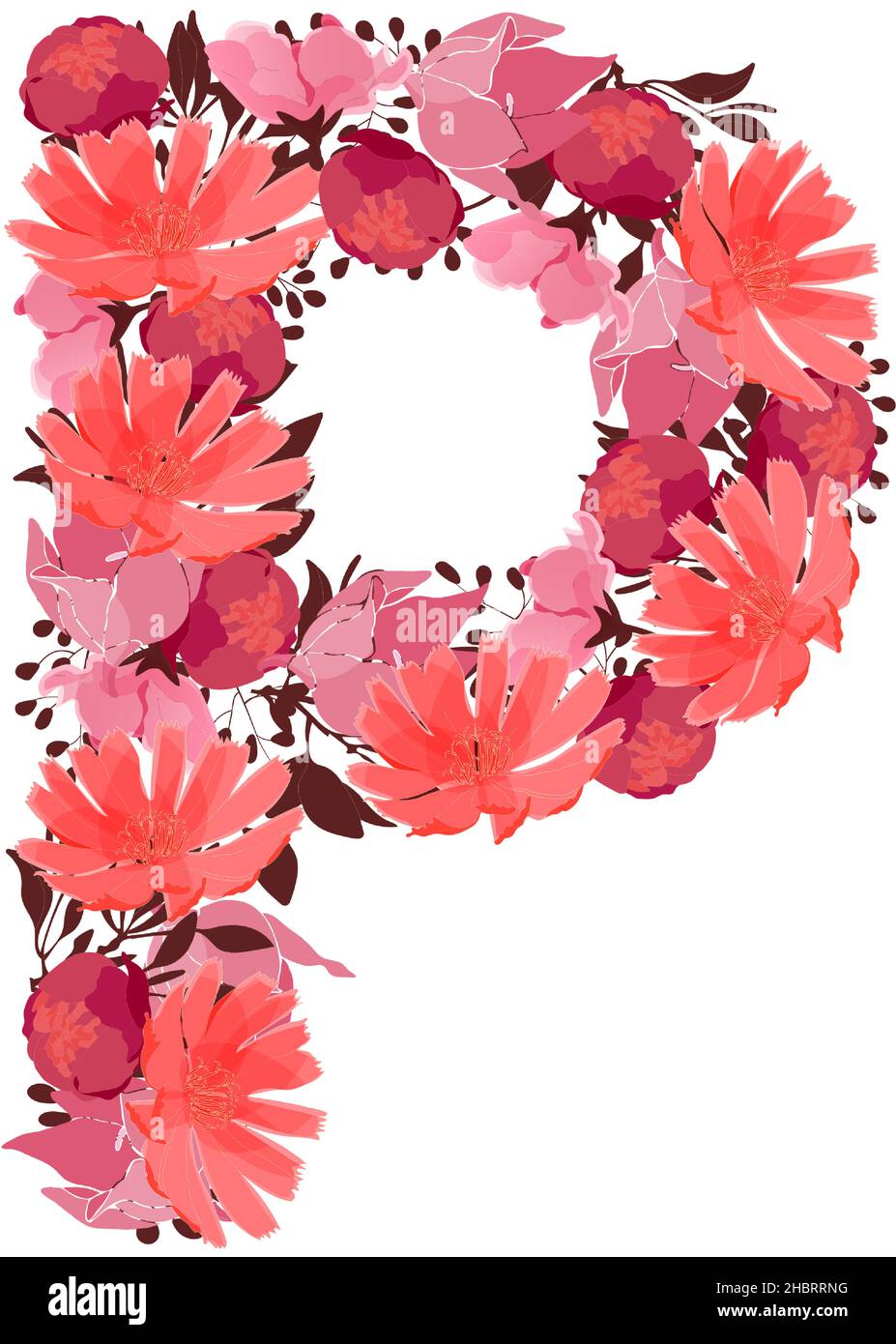 Vector floral letter, capital character P. Botanical monogram. Pink ...