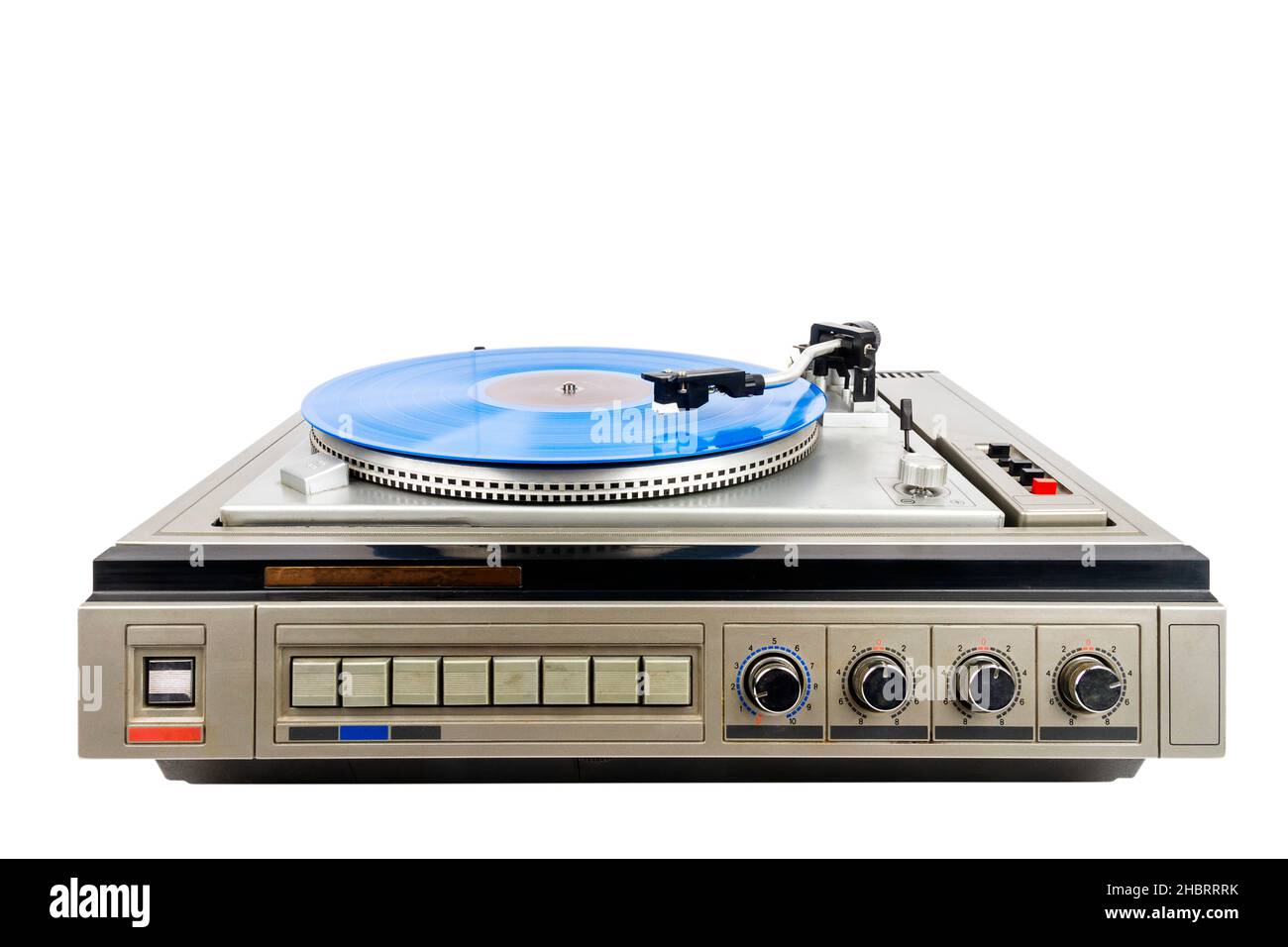 Vintage turntable record player with blue vinyl isolated on white ...