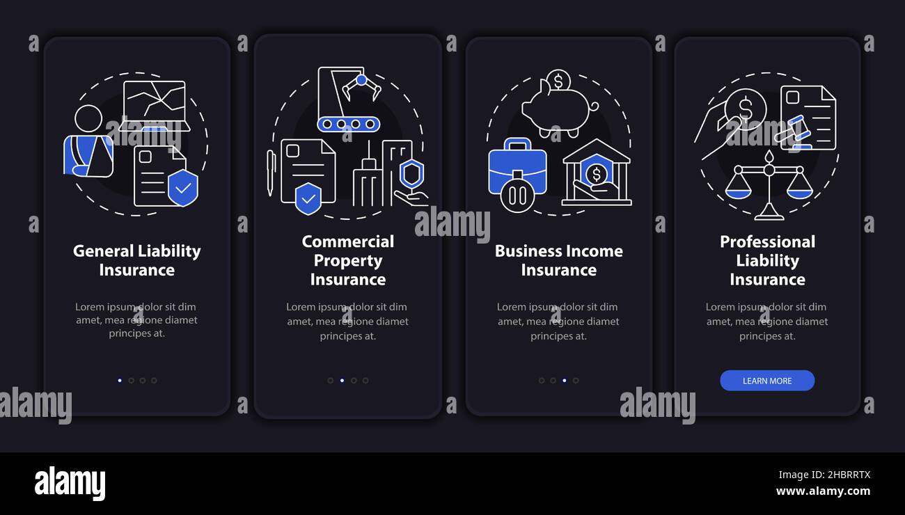 Insurance types night theme onboarding mobile app screen Stock Vector ...