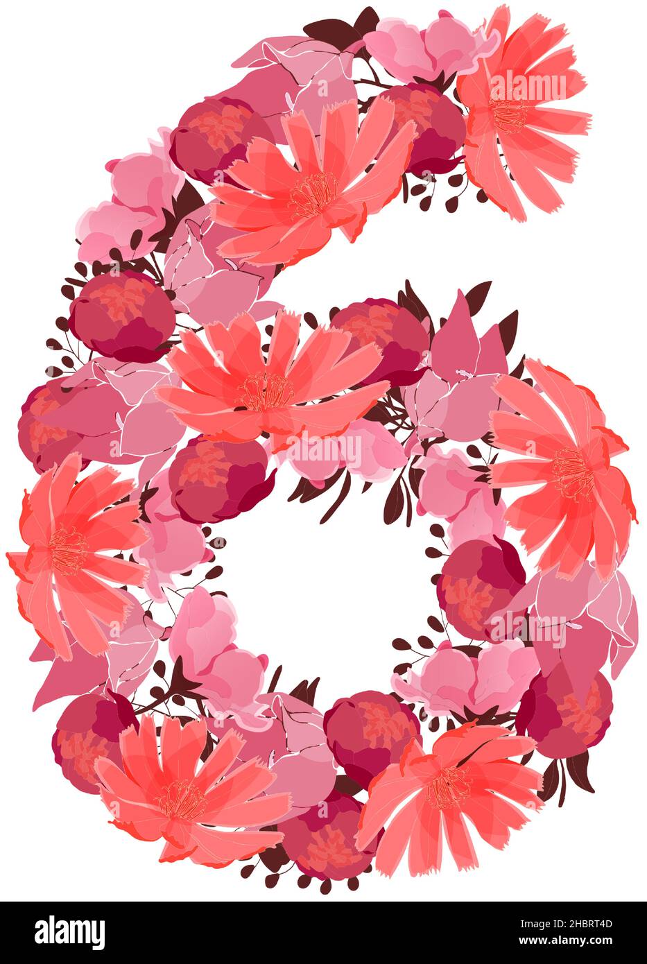 Vector flower number 6. Botanical character, figure. Pink, maroon ...