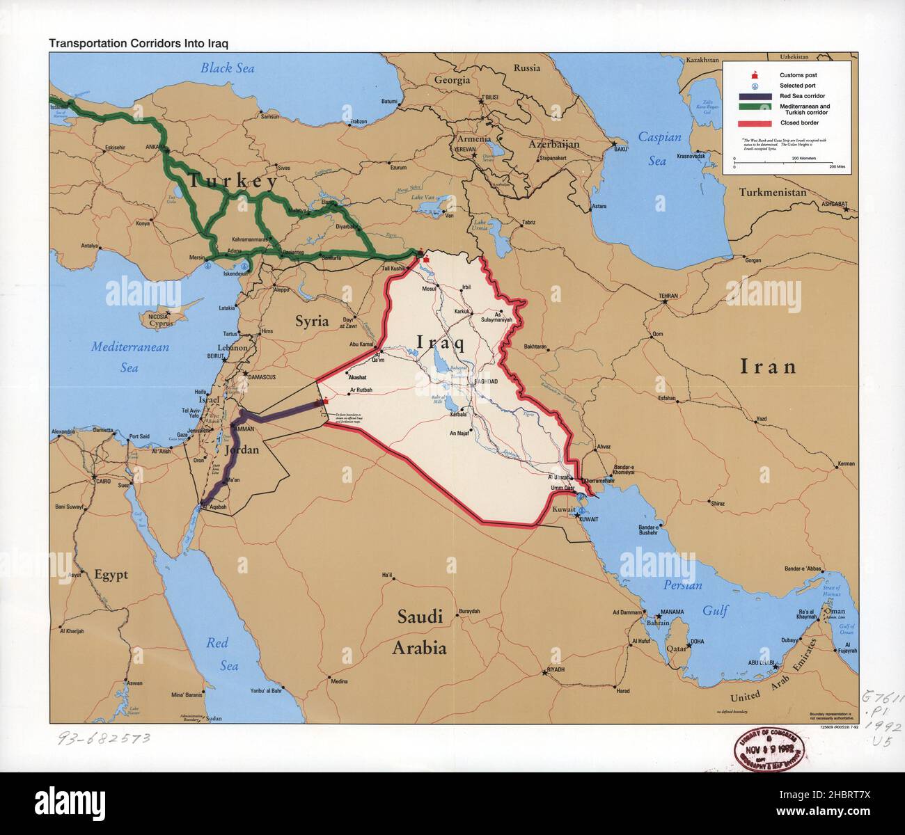 Map of transportation corridors into Iraq ca. 1992 Stock Photo - Alamy