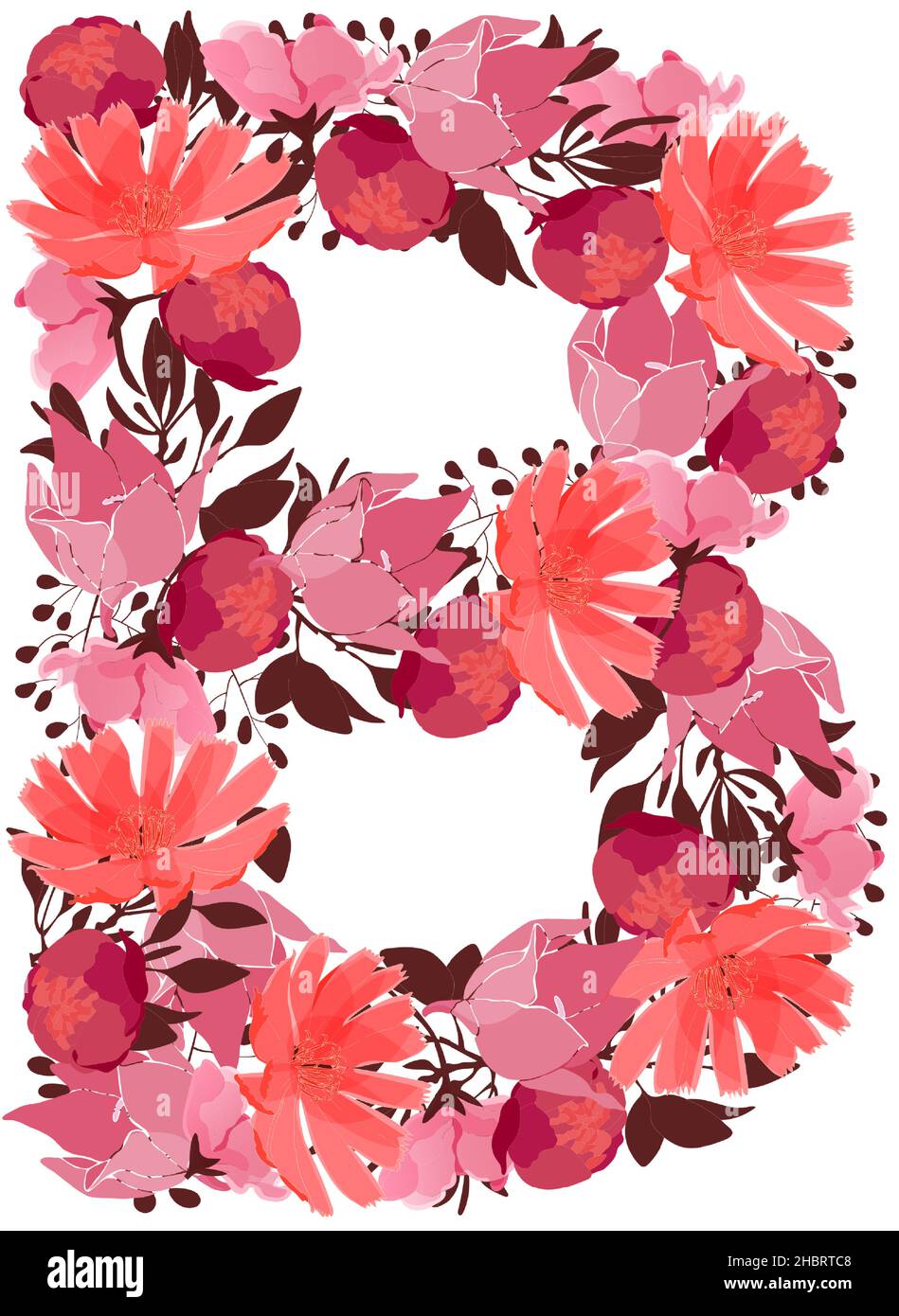 Vector floral capital letter, character B. Botanical monogram. Pink ...