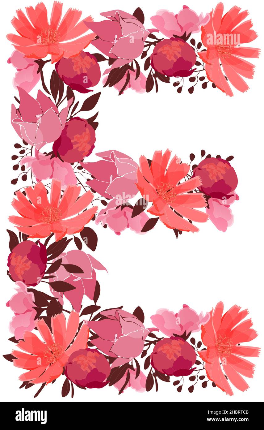 Vector floral capital letter, character E. Botanical monogram. Pink ...