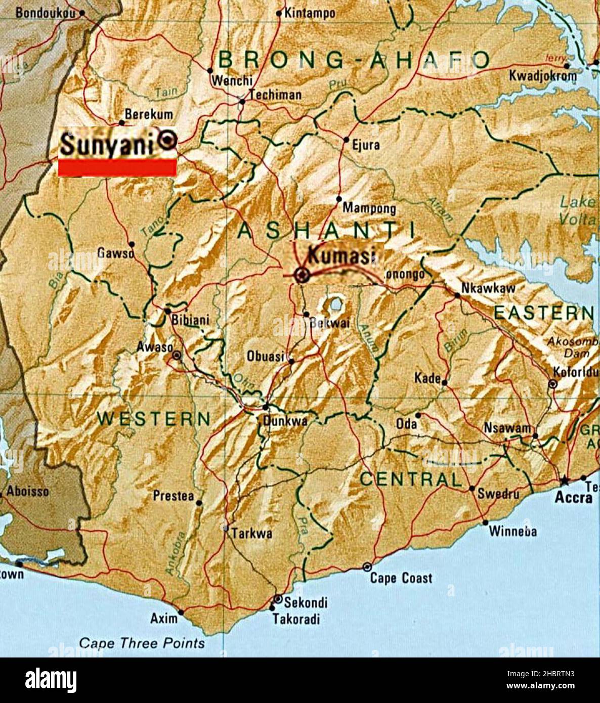 Map showing the Geographical location of Sunyani, Capital of the Brong ...