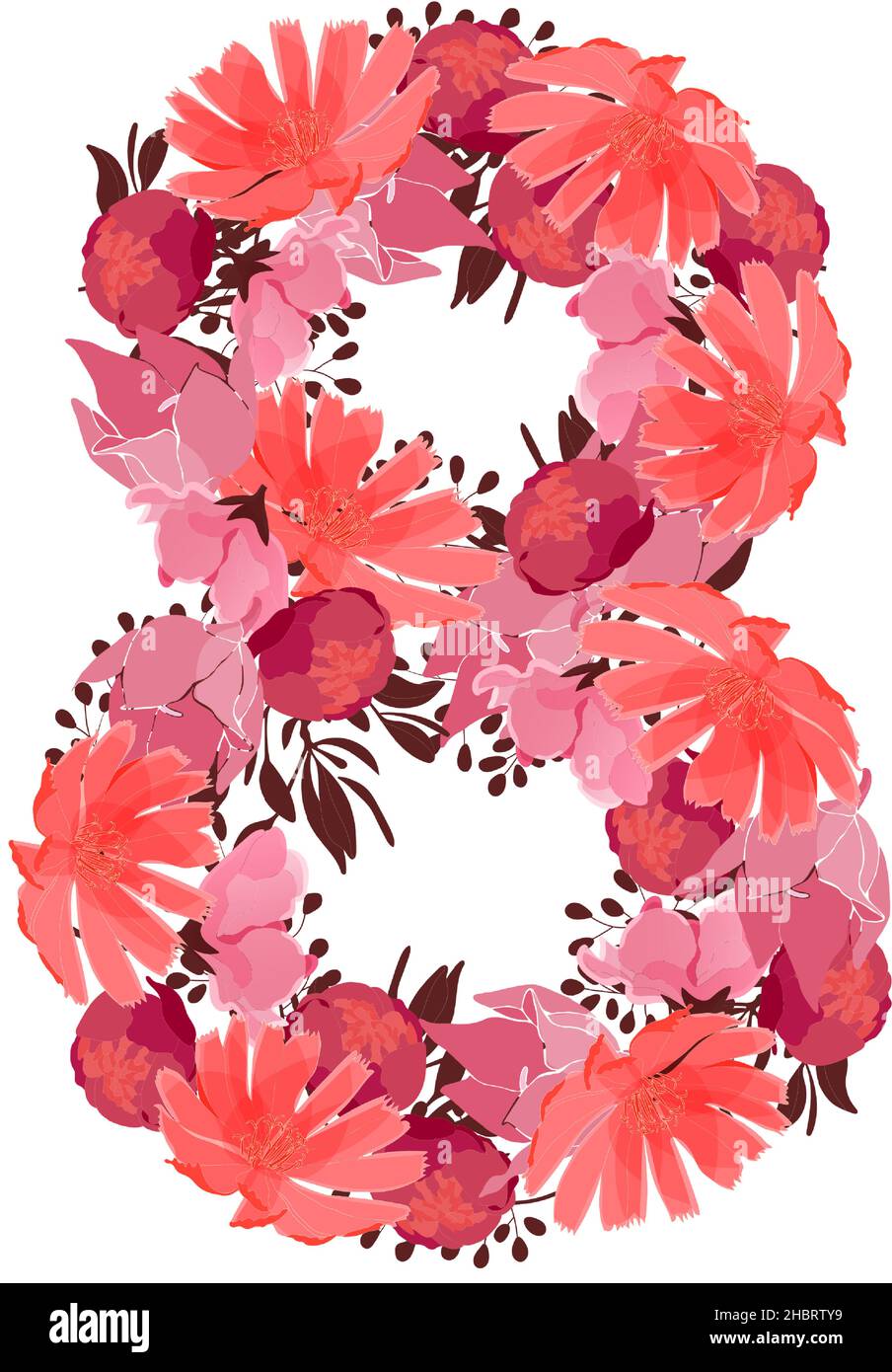 Vector flower number 8. Botanical character, figure. Pink, maroon ...
