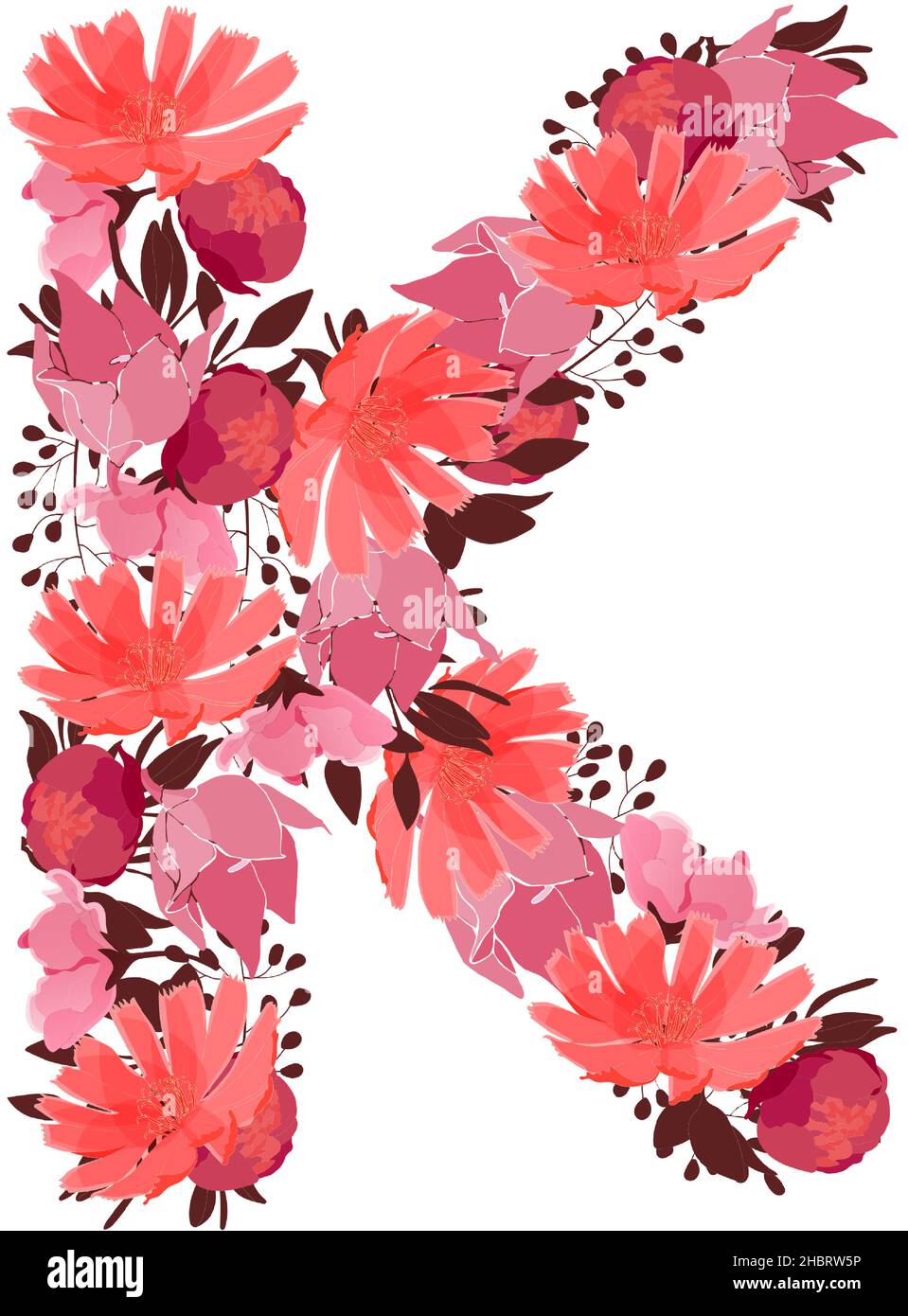 Vector floral letter, capital character K. Botanical monogram. Pink ...