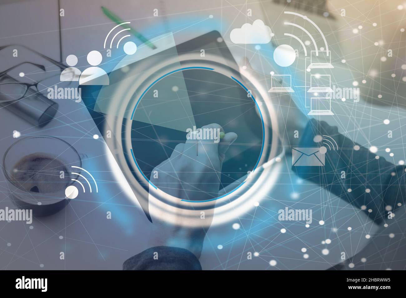 Businessman on blurred background using free wifi hotspot interface 3D ...