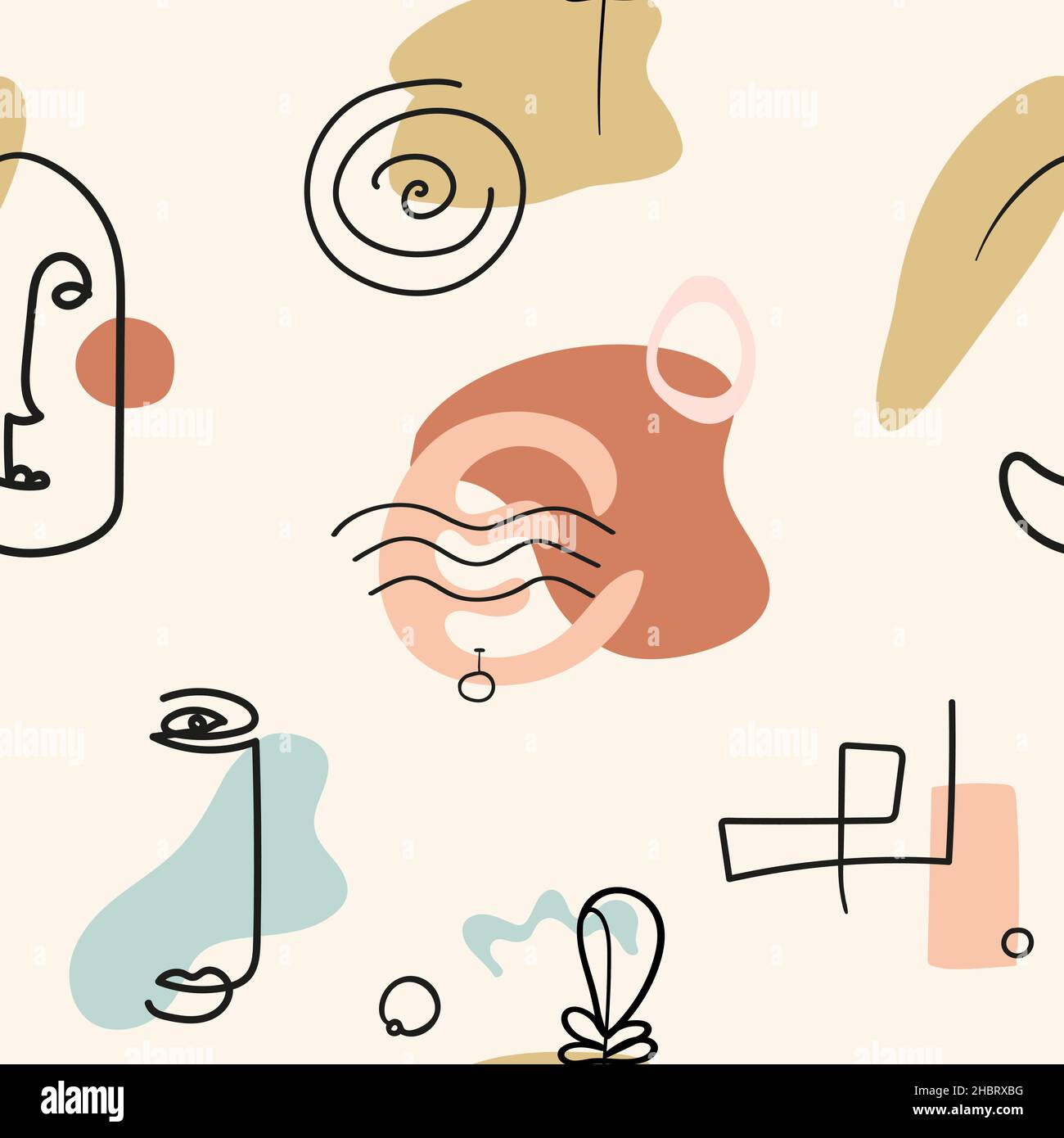 Seamless pattern of abstract shapes, lines and faces in line art style ...