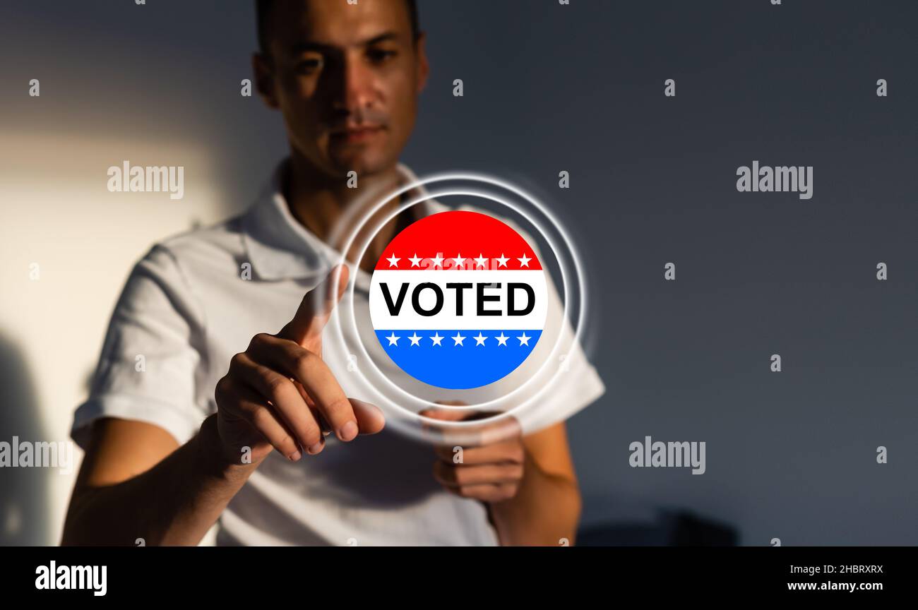 Businessman pointing VOTE button on virtual screen, election campaign ...