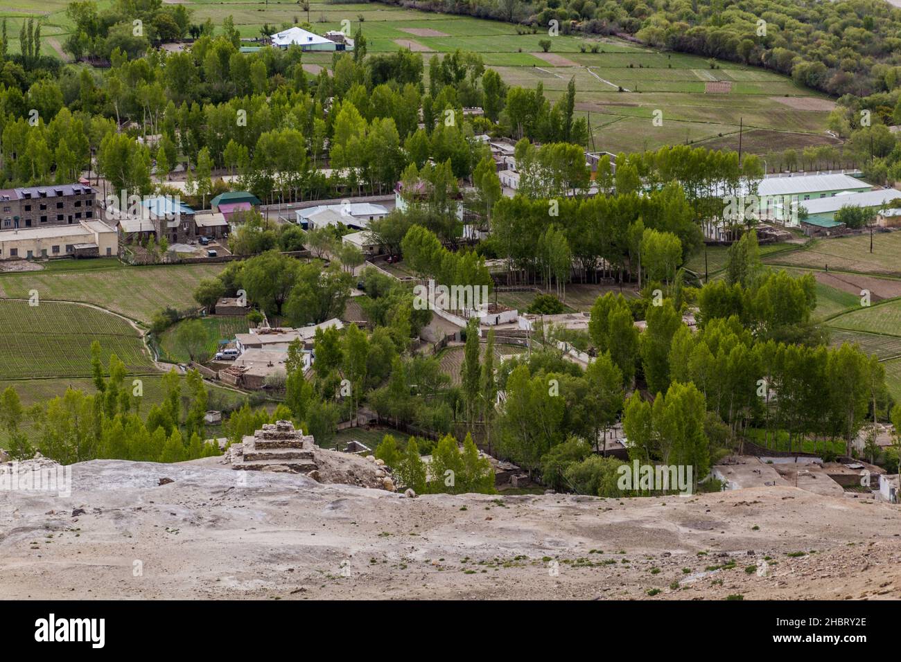 Aerial view of Buddhist stupa and Vrang village in Wakhan valley ...