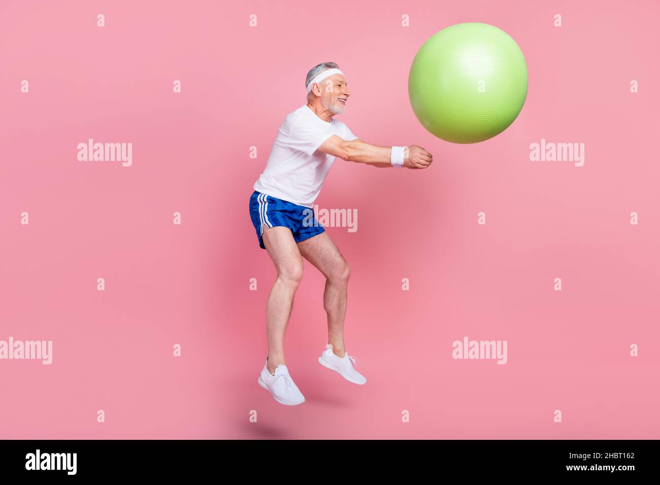 Full length body size side profile photo senior man jumping up throwing ...