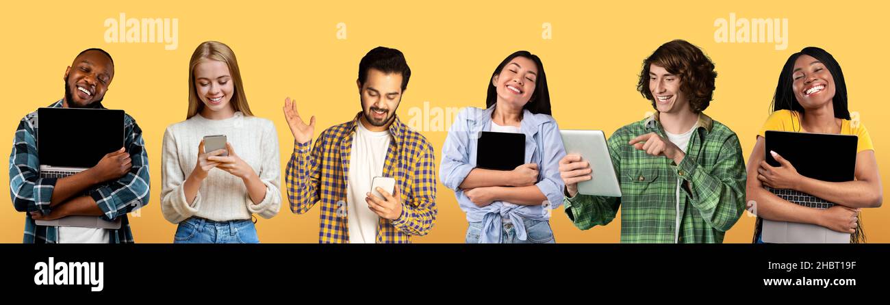 Social media addiction concept. Diverse young people using different ...