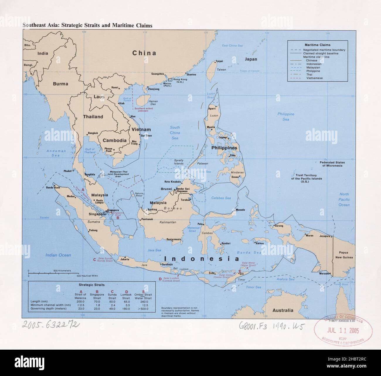 Map of Southeast Asia - strategic straits and maritime claims ca. 1990 ...