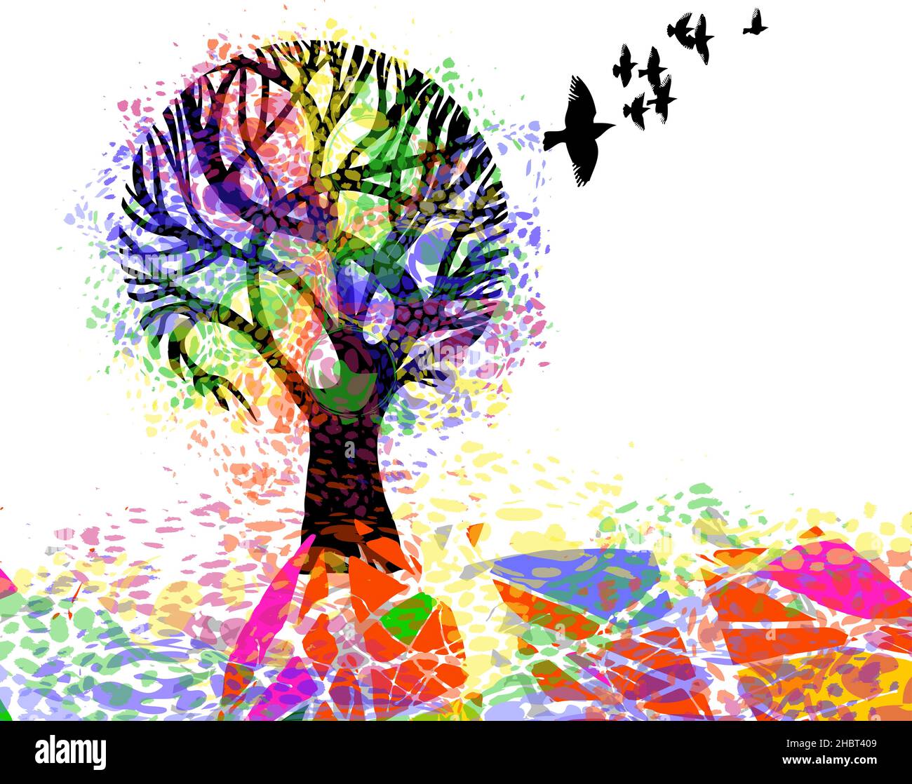 abstract multi-colored tree with flying birds. Vector illustration ...