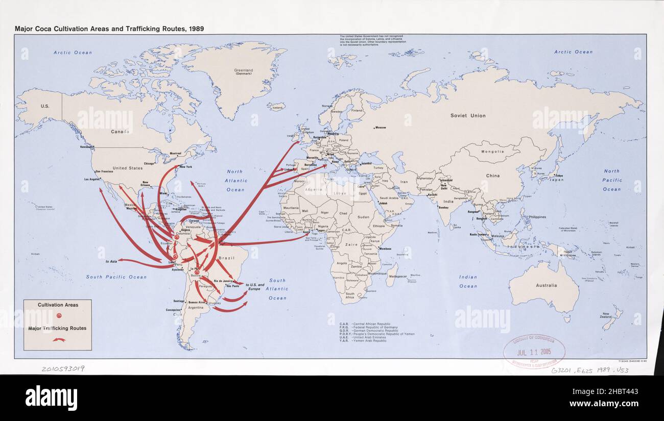 Map of Major coca cultivation areas and trafficking routes ca. 1989 ...