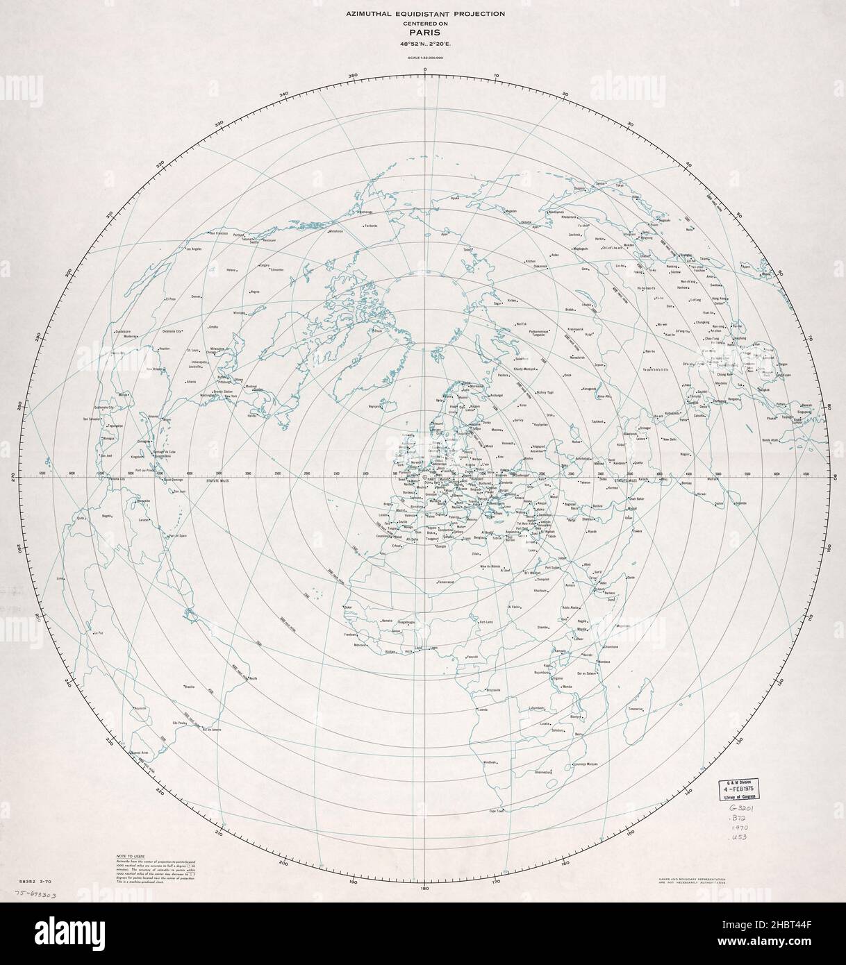 Azimuthal equidistant projection map centered on Paris France ca. 1970 ...