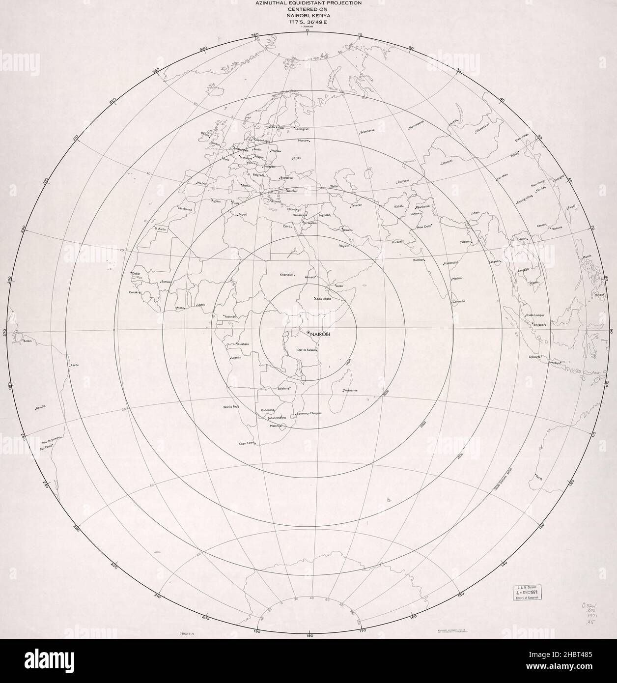Azimuthal equidistant projection map centered on Nairobi Kenya ca. 1971 ...