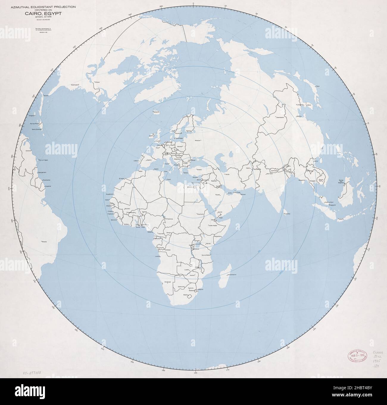 Azimuthal equidistant projection map centered on Cairo Egypt ca. 1985 ...