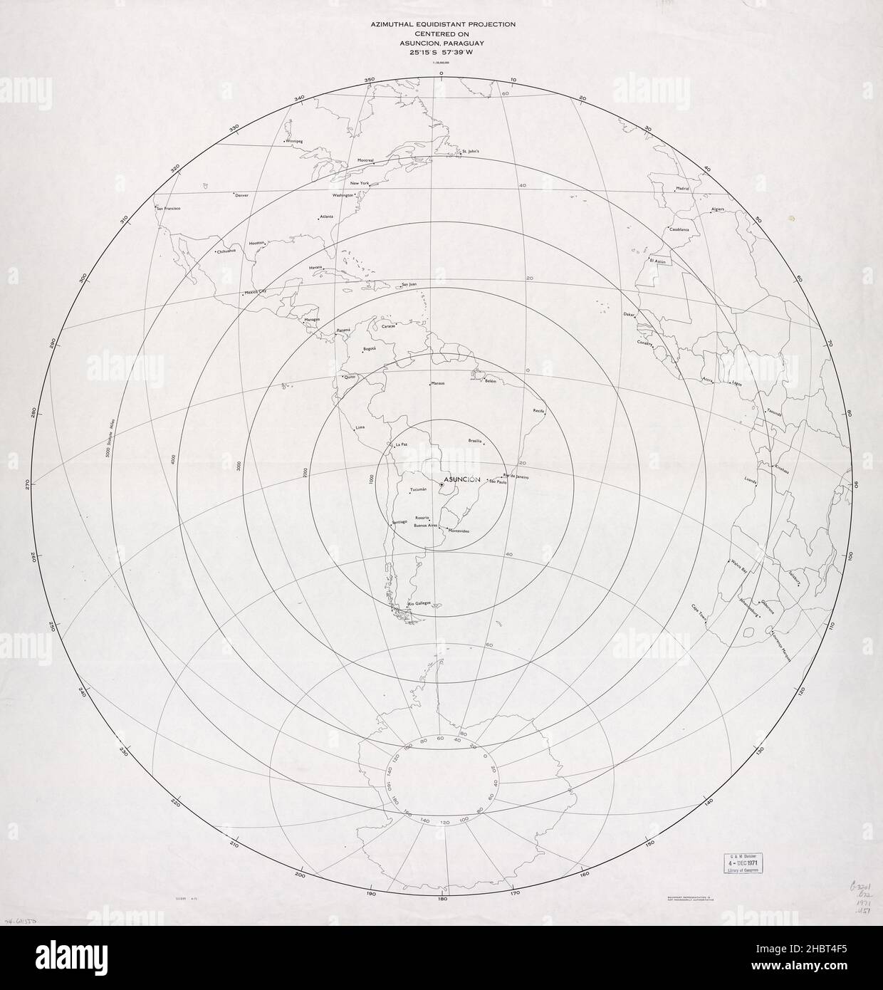 Azimuthal equidistant projection map centered on Asuncion Paraguay ca ...
