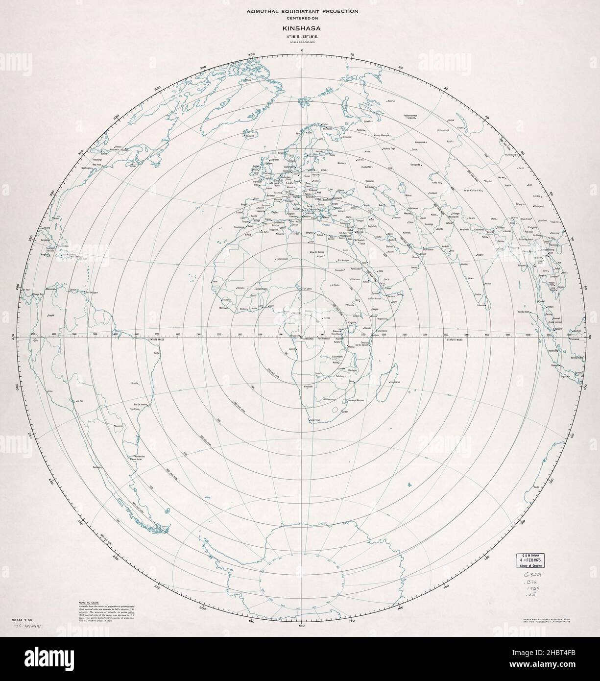 Azimuthal equidistant projection map centered on Kinshasa ca. 1969 ...