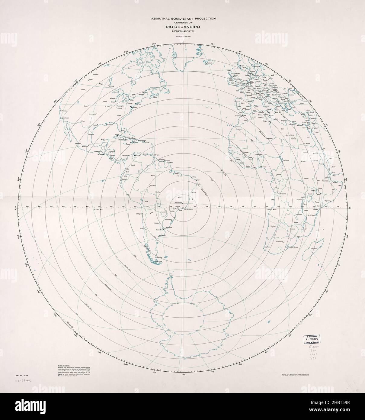 Azimuthal equidistant projection map centered on Rio de Janeiro Brazil ...