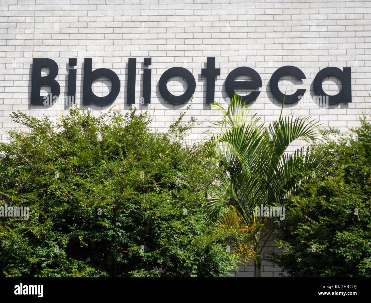 "Biblioteca" (Library) Written in Black Letters of a White Brick Wall ...